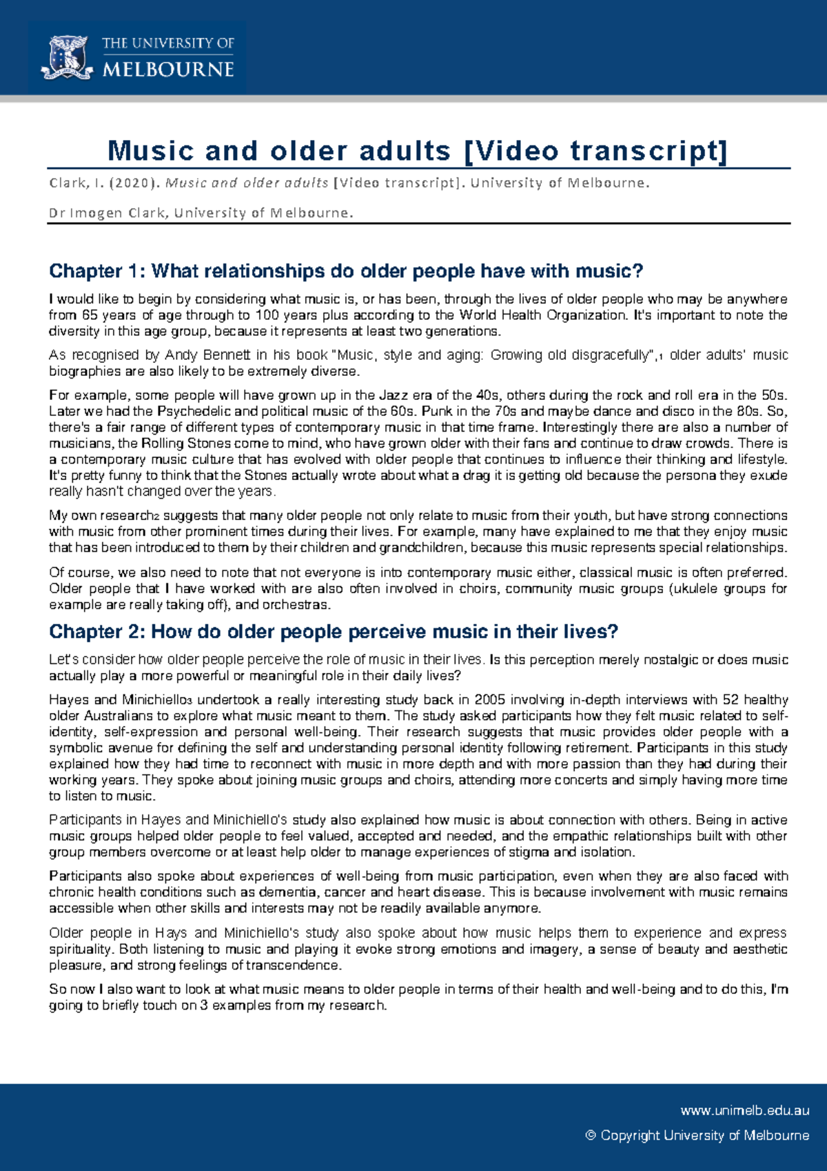 MUSI2014 9 Music and older adults - Video transcript - unimelb.edu ...