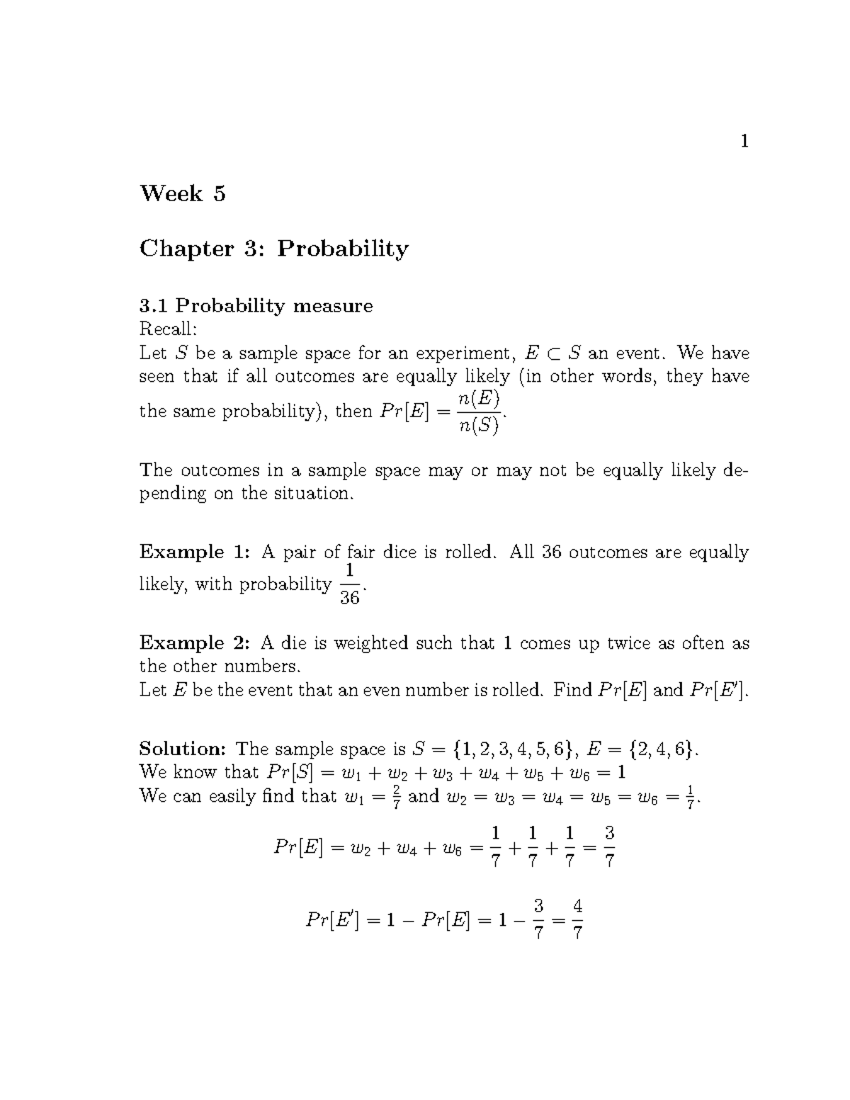 Week 5 - Week 5- Week 5 Chapter 3: Probability 3 Probability measure ...