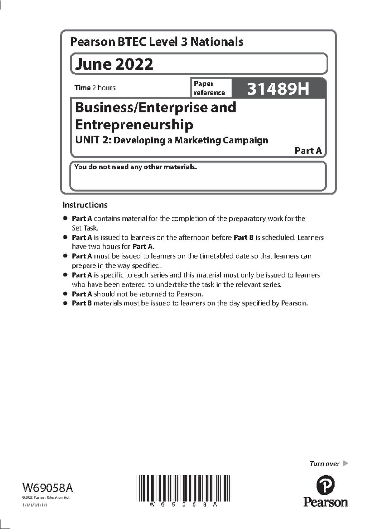 31489 h-combined - Exam Paper - Turn over Paper reference W69058A ...