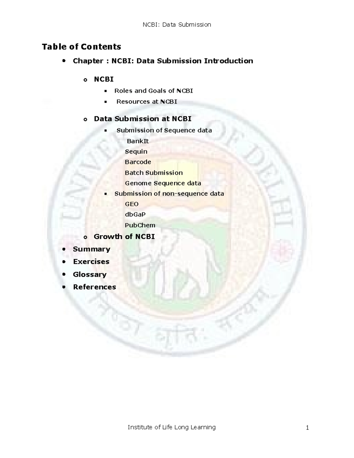 Unit -10 NCBI- Data Submission - NCBI: Data Submission Institute of ...