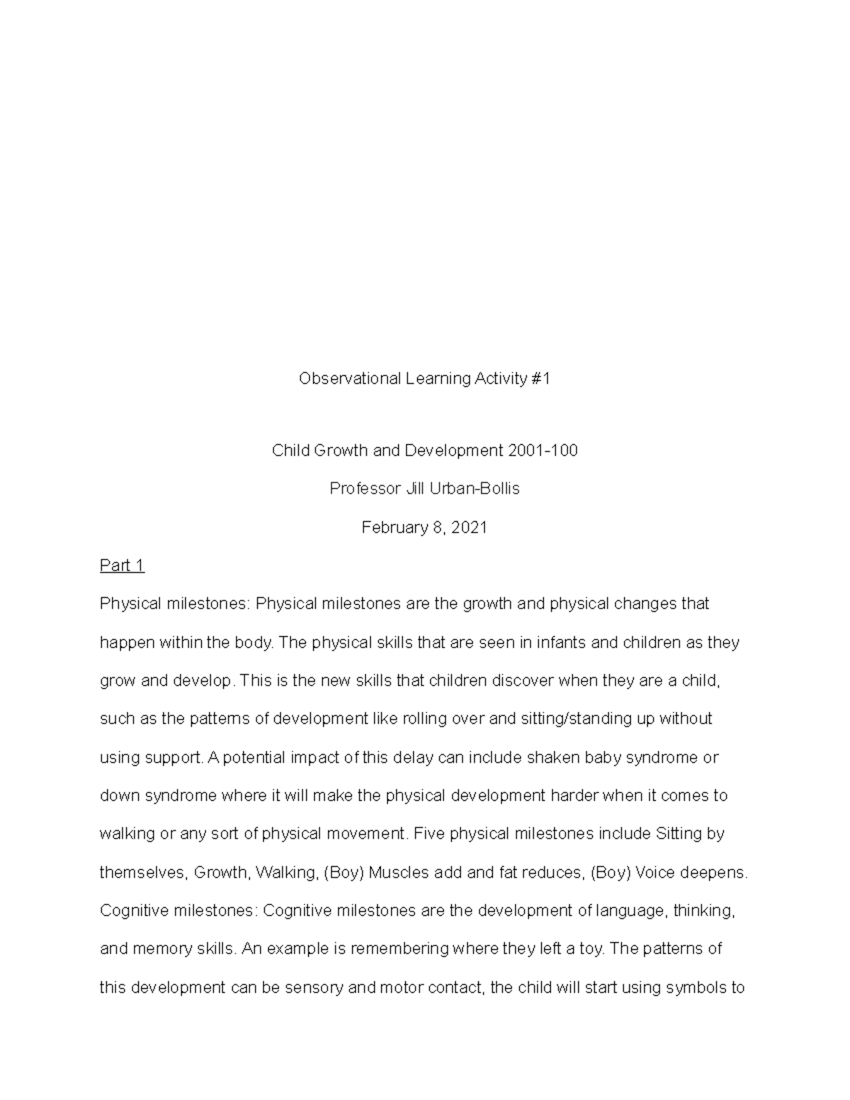 OLA 1 - Take Home - Observational Learning Activity # Child Growth and ...