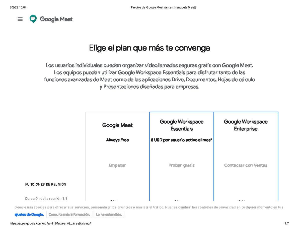 Precios de Google Meet (antes, Hangouts Meet) - Elige el plan que más ...