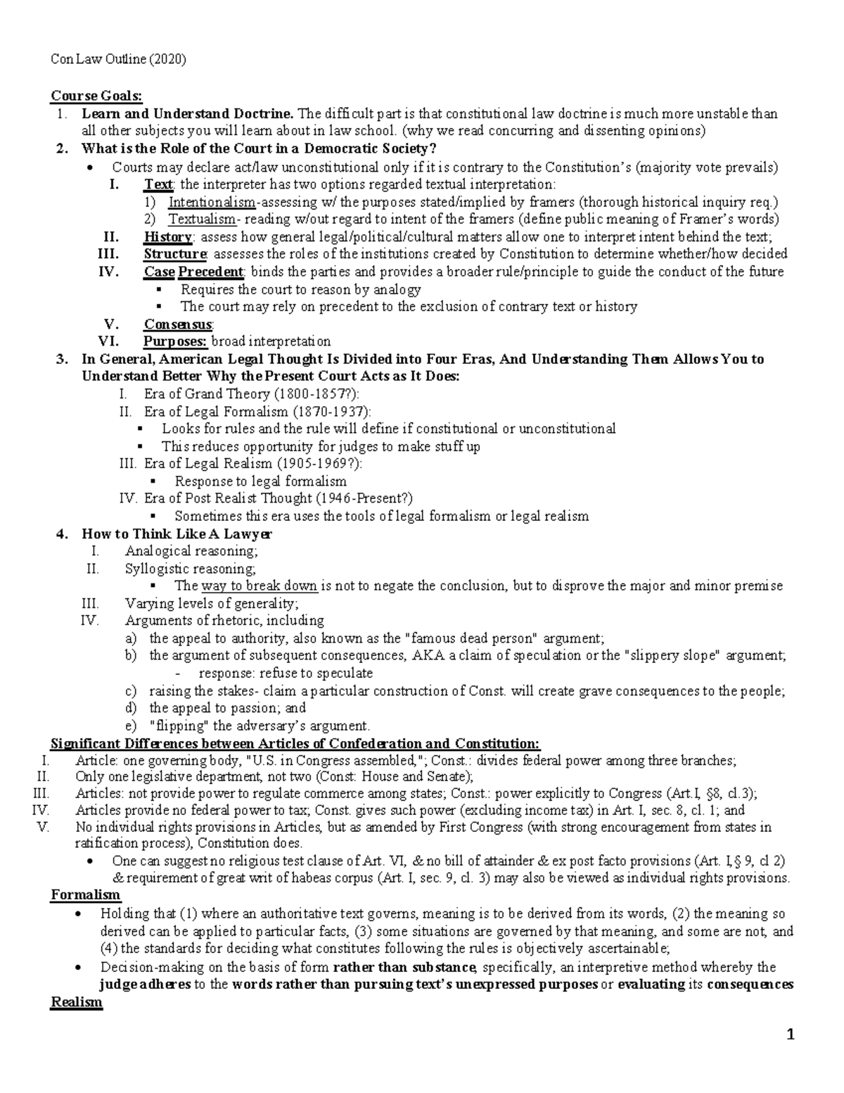 Con Law Final Outline - Course Goals: 1. Learn and Understand Doctrine ...