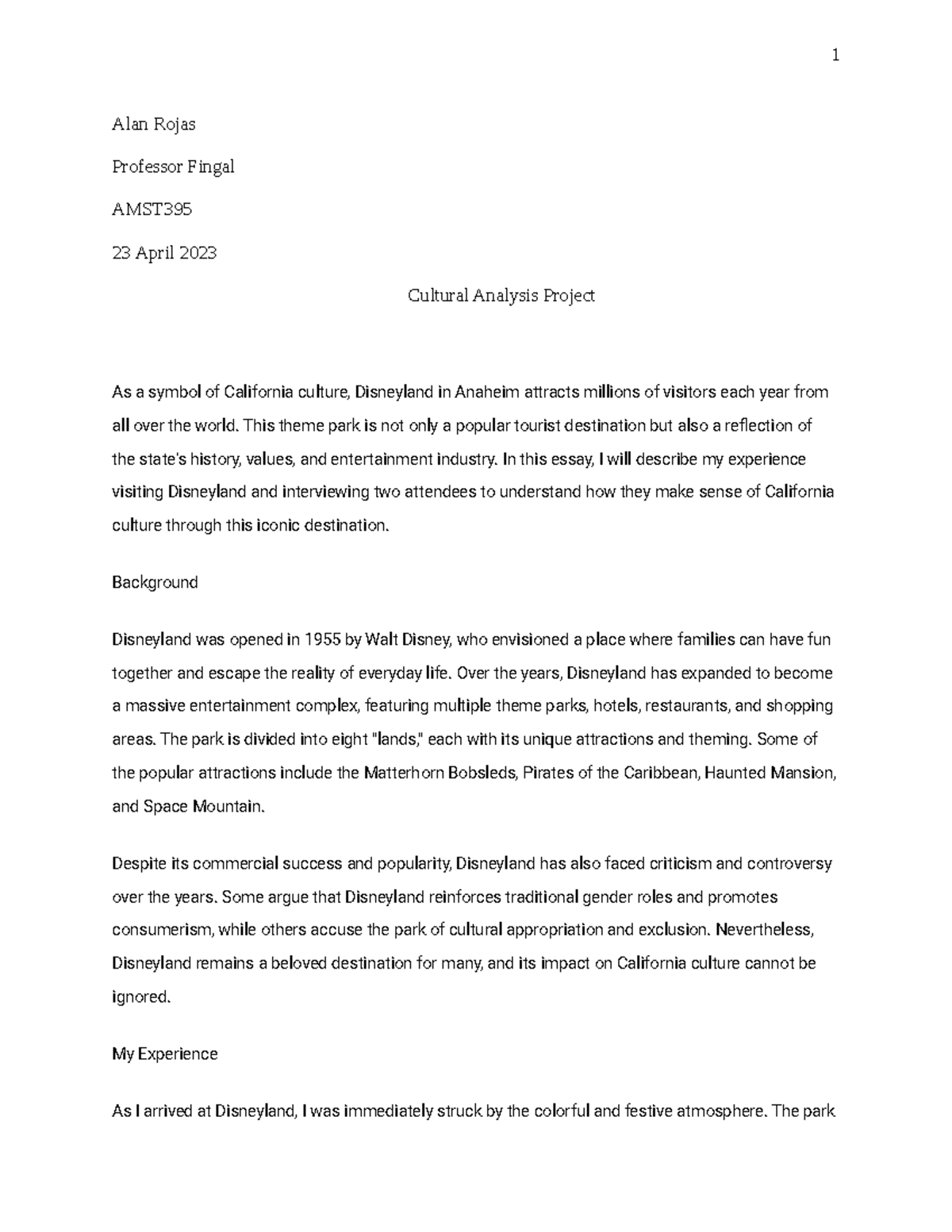 Cultural Analysis Project - Alan Rojas Professor Fingal AMST 23 April ...