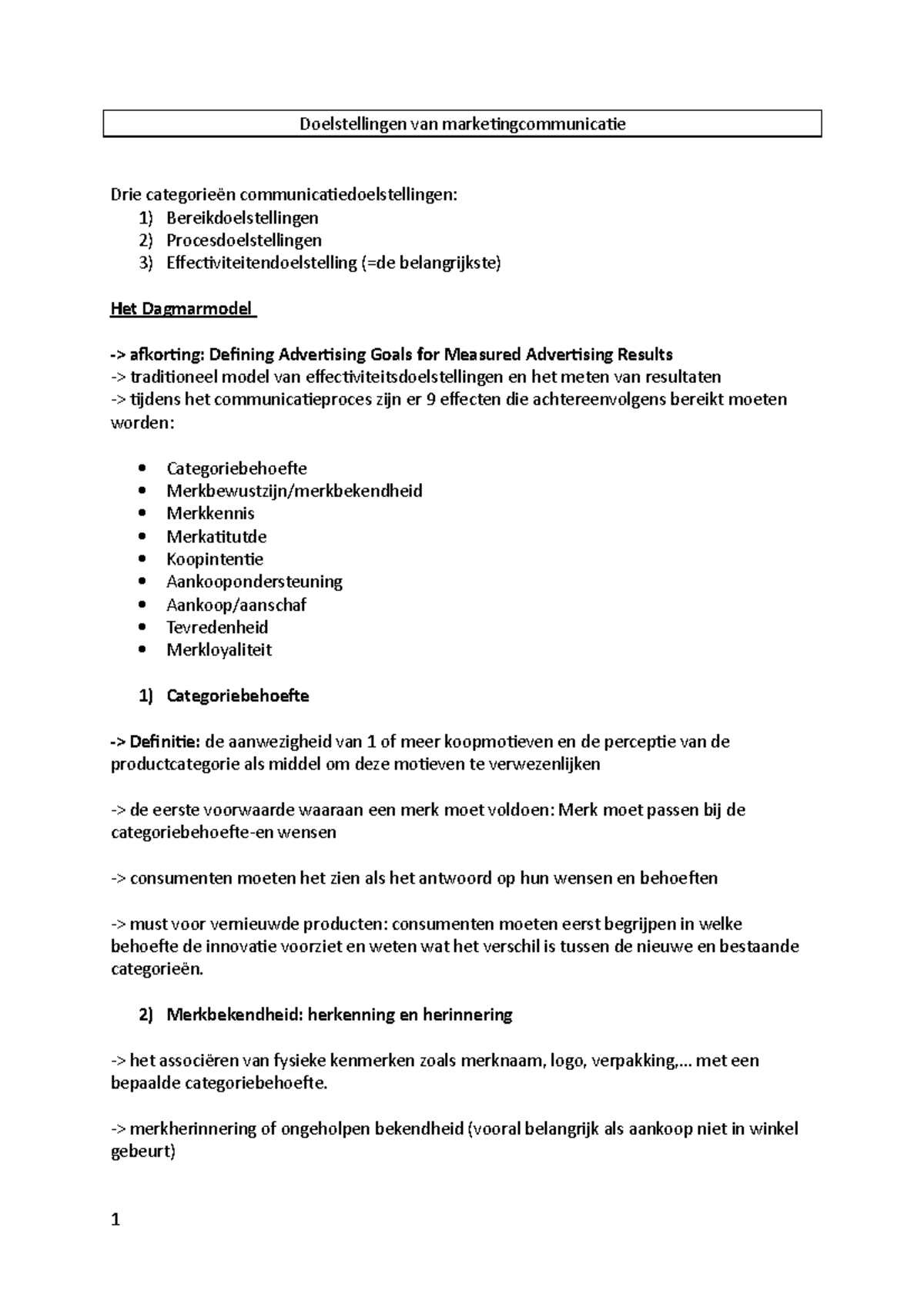Het DAGMAR-model samenvatting - Doelstellingen van ...
