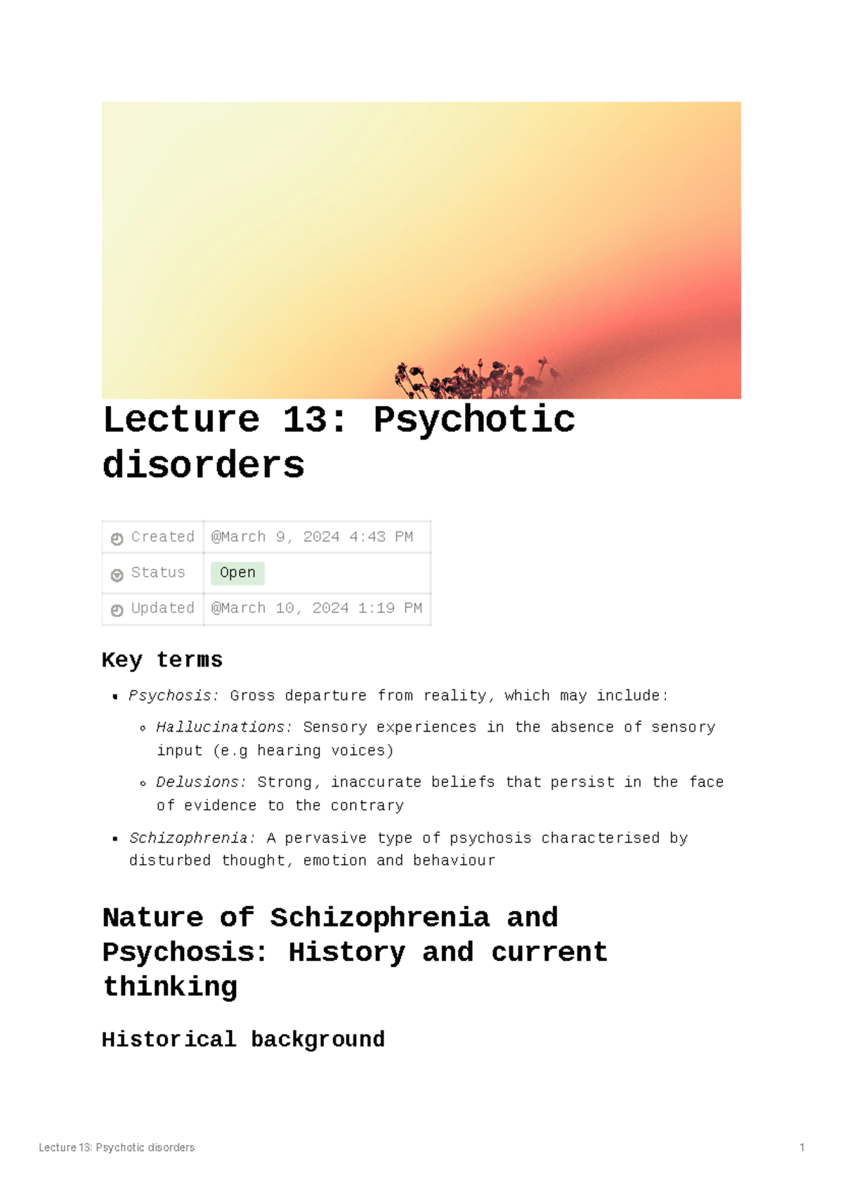 Lecture 13 Psychotic disorders - Lecture 13: Psychotic disorders ...