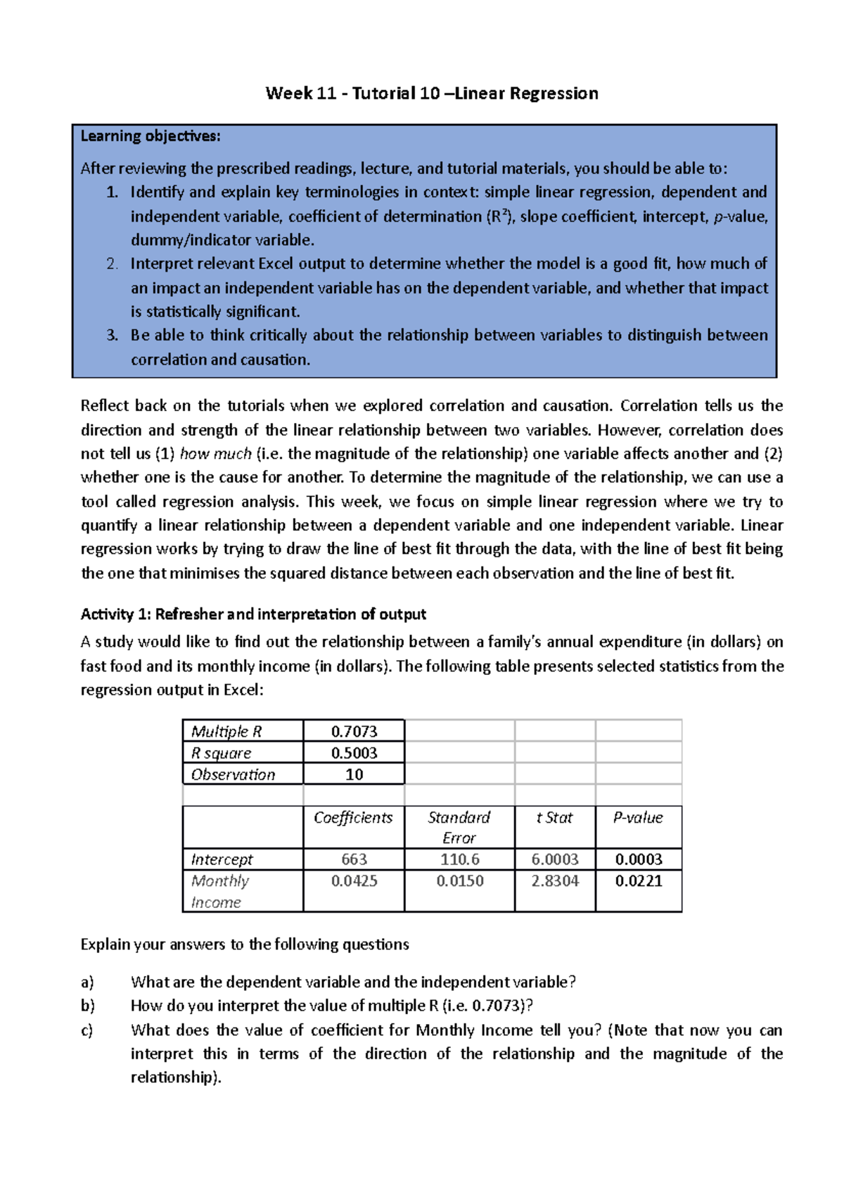 Week 11 Tutorial 10 Questions - Week 11 - Tutorial 10 –Linear Regression Learning objectives ...