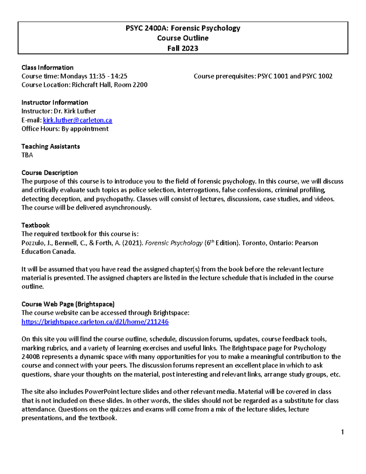 PSYC2400A - Fall 2023 Course Outline - PSYC 2400 A: Forensic Psychology ...