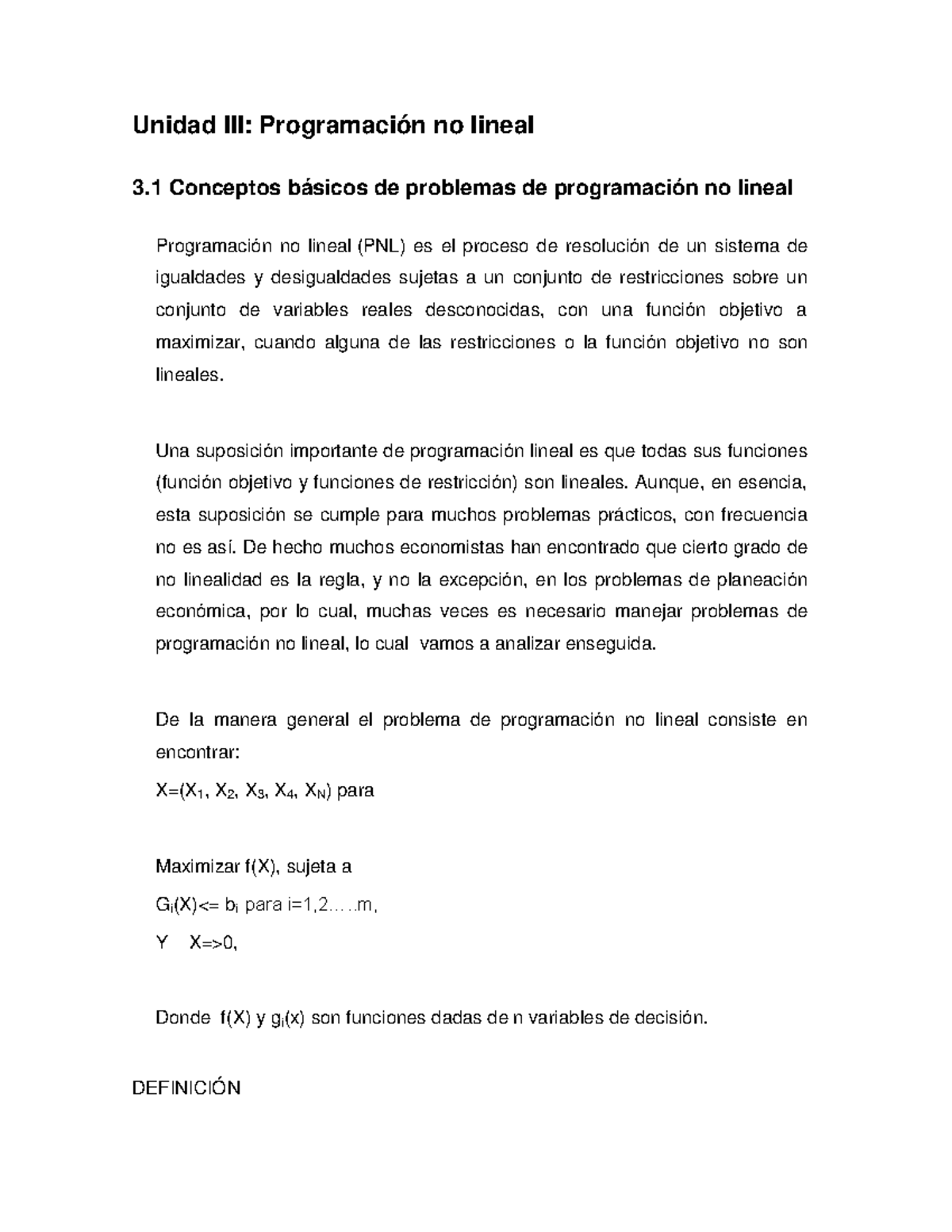 Unidad III operaciones - Unidad III: Programación no lineal 3 Conceptos básicos de problemas de ...