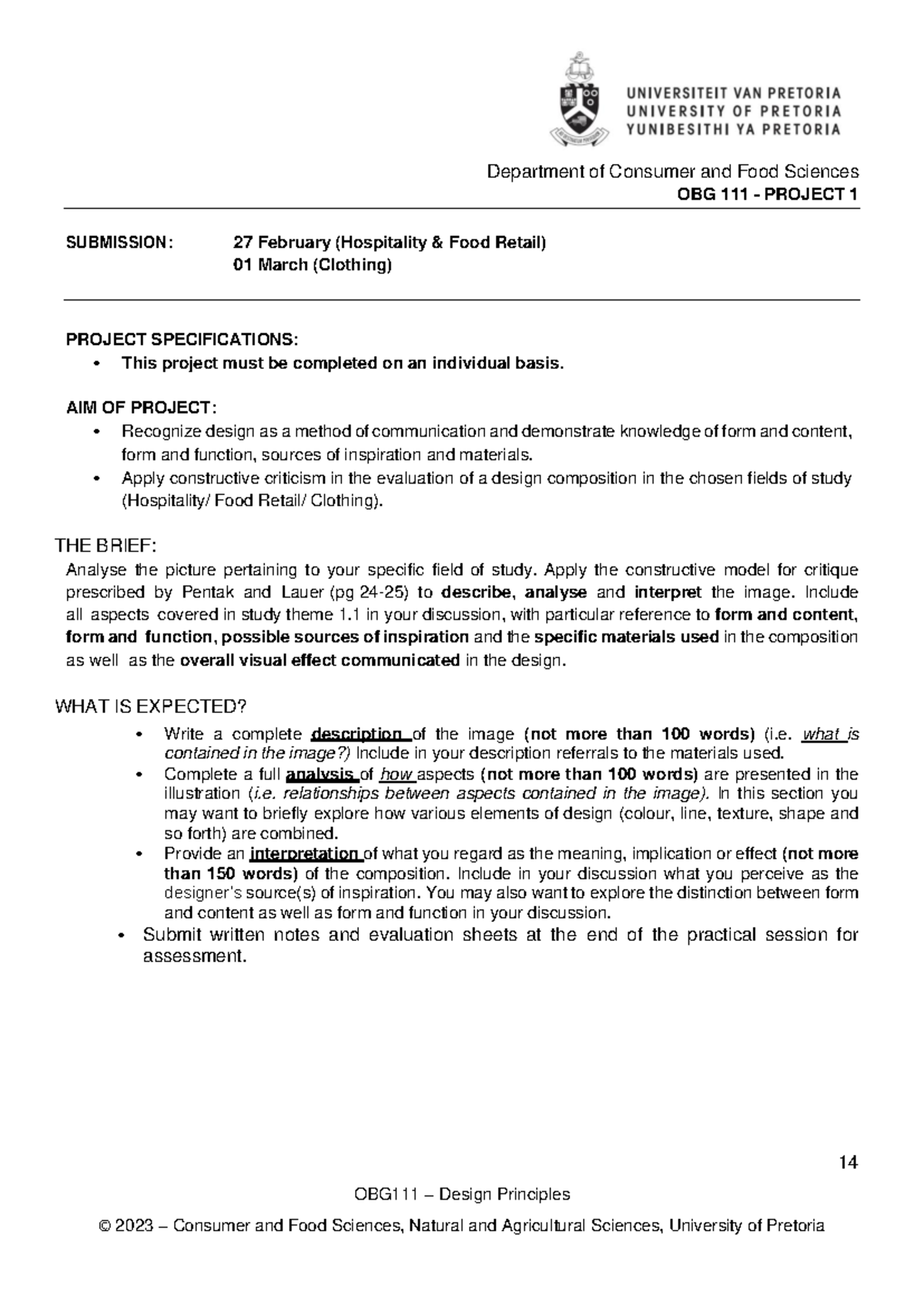 Project 1 2023 - 14 OBG111 – Design Principles © 2023 – Consumer and ...