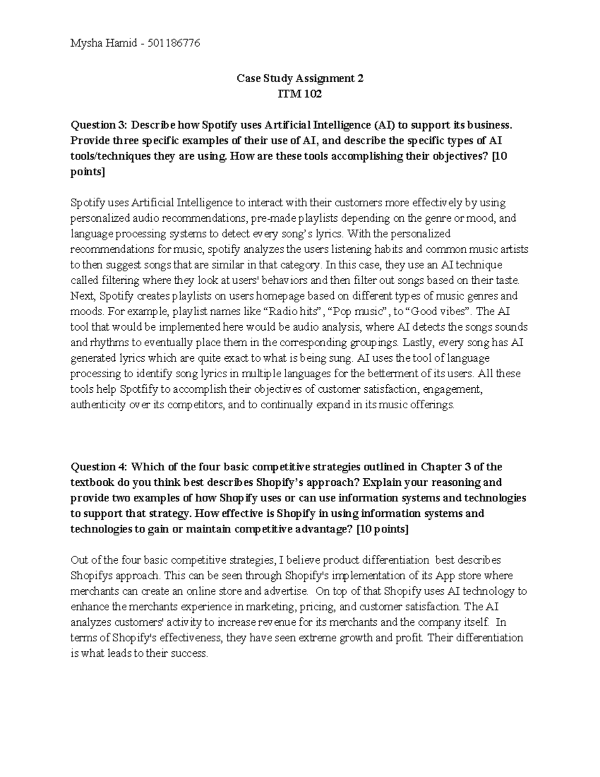 Case Study Assignment 2 - Mysha Hamid - Mysha Hamid - 501186776 Case Study Assignment 2 ITM 102 ...