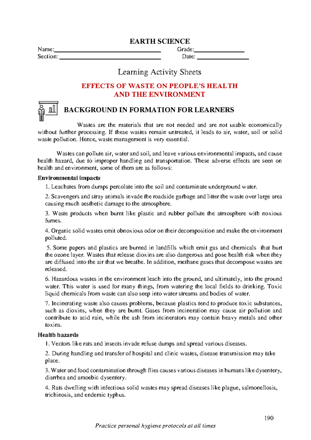 Earth Science LAS week 7 - 190 EARTH SCIENCE Name: Section: Grade: Date ...