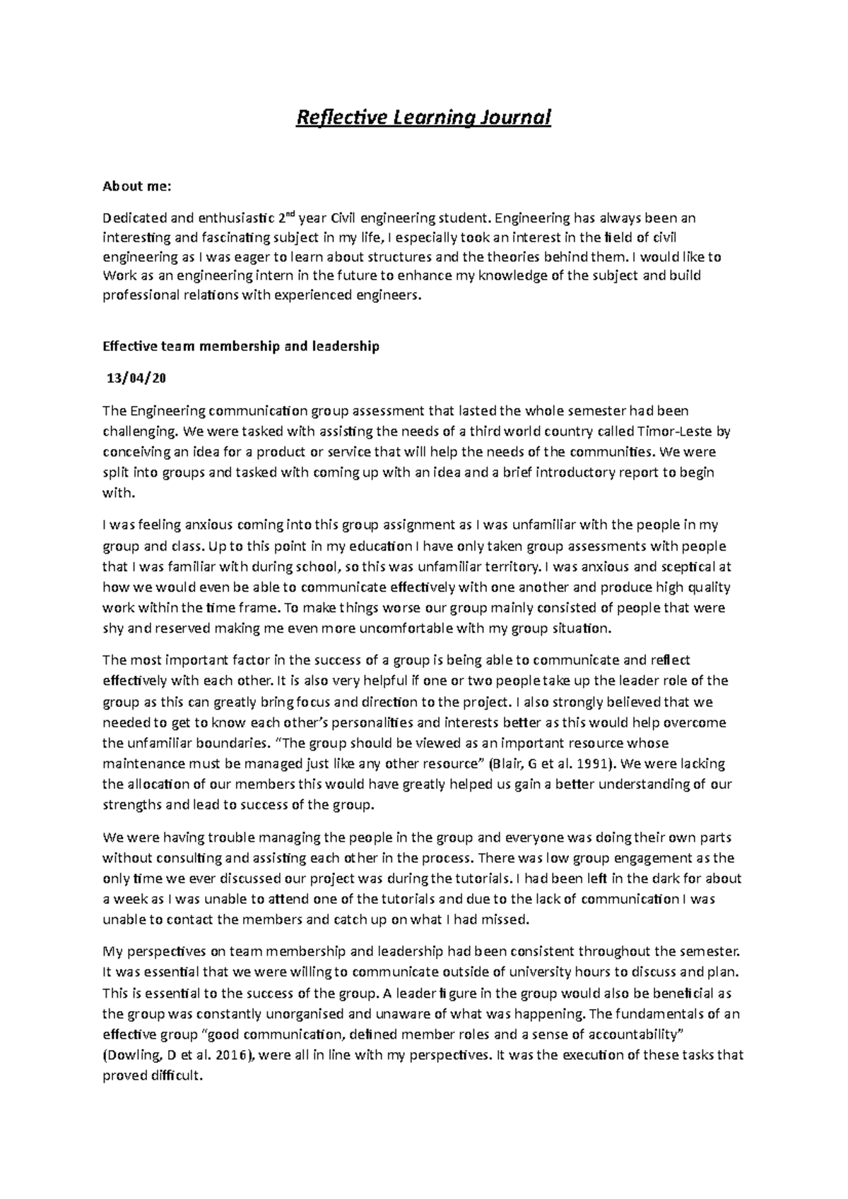 Reflective journal 1 for entrepreneurship - Reflective Learning Journal ...