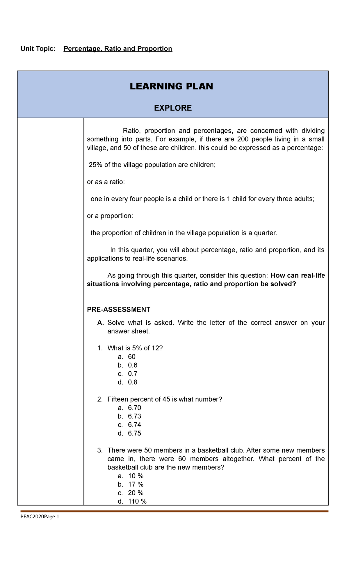 2nd Quarter Math 6 Learning Plan - Unit Topic: Percentage, Ratio and ...