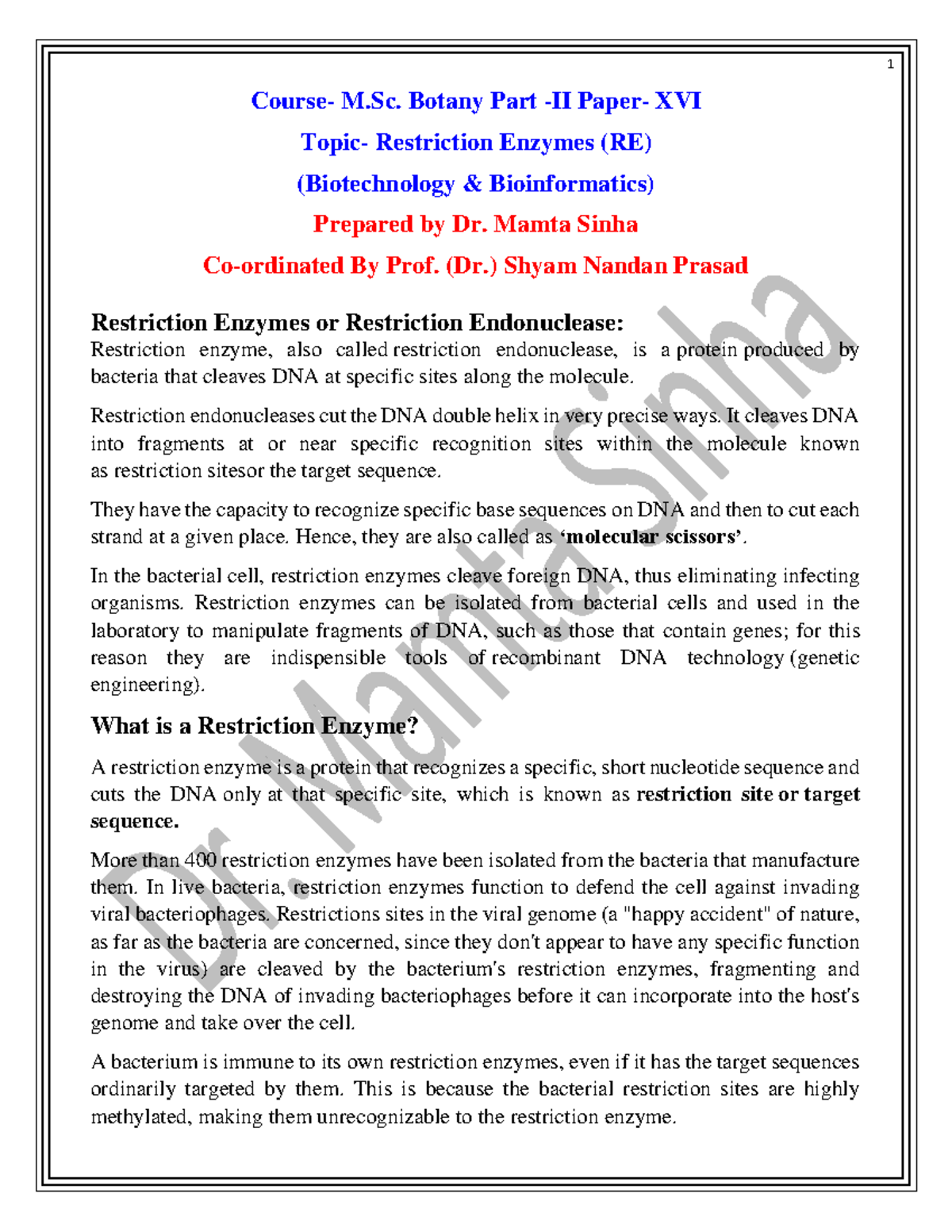 Restriction enzymes - Course- M. Botany Part - II Paper- XVI Topic ...