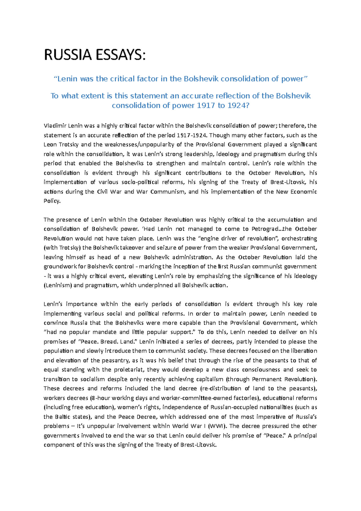 Modern Essays - RUSSIA ESSAYS: “Lenin was the critical factor in the ...