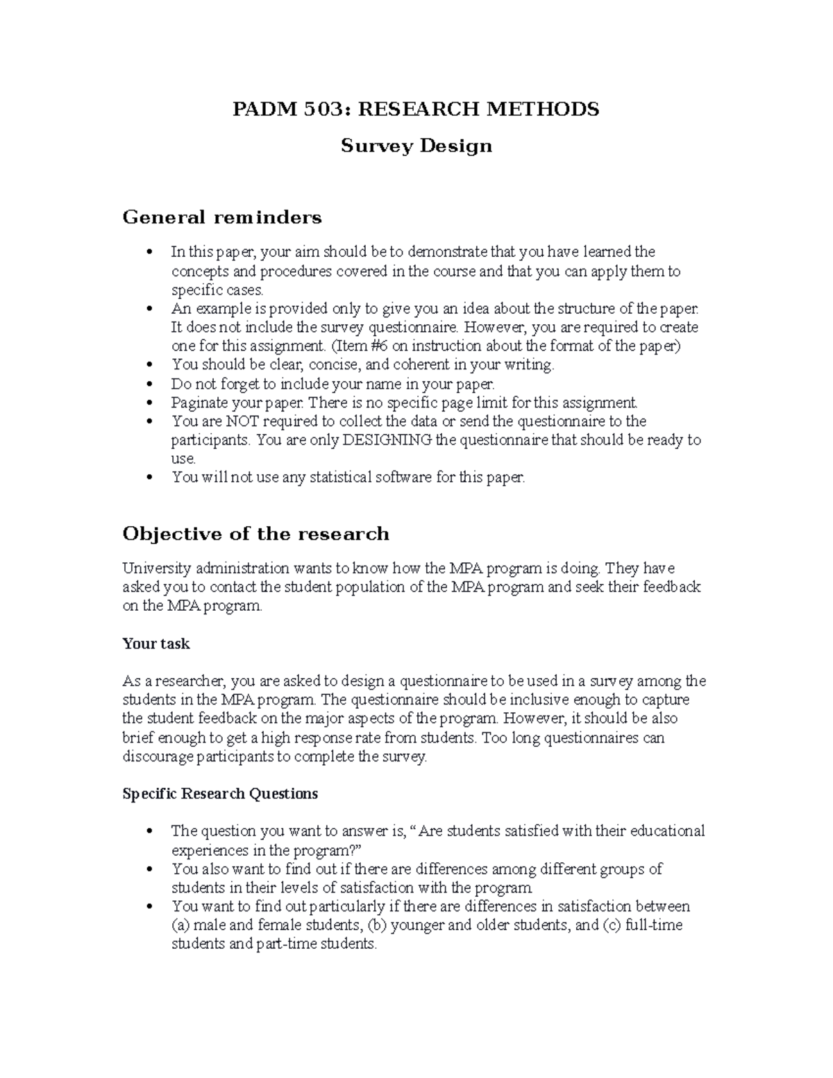 Survey Design Instructions - PADM 503: RESEARCH METHODS Survey Design ...