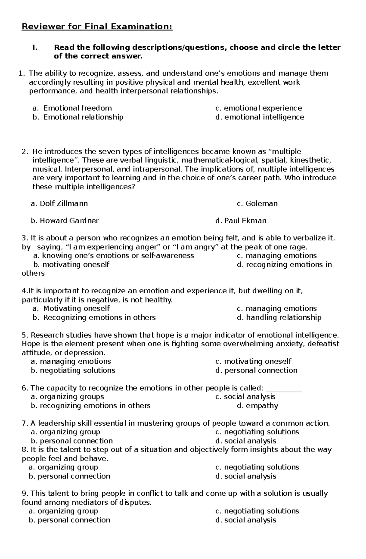 Reviewer for Final Examination - Read the following descriptions ...