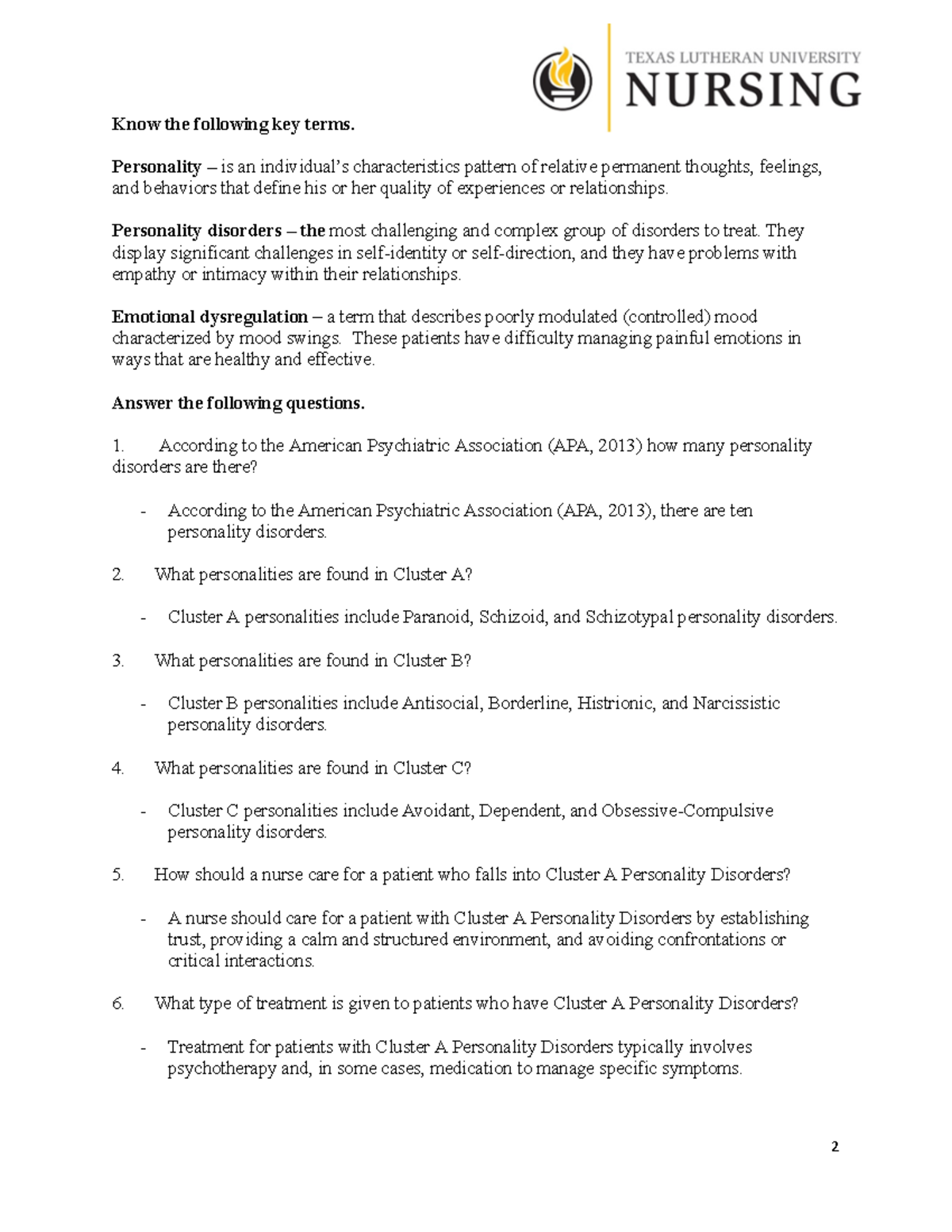 Completed - Personality Disorders Study Guide - Know the following key ...