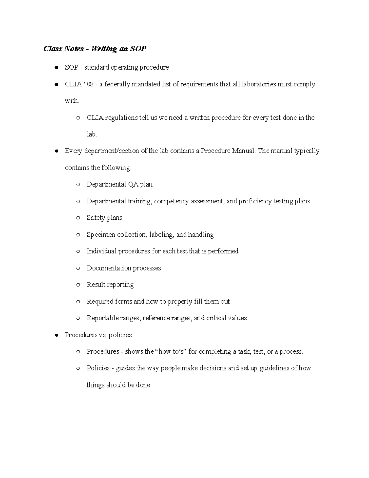Class Notes #1 - Class Notes - Writing an SOP SOP - standard operating ...