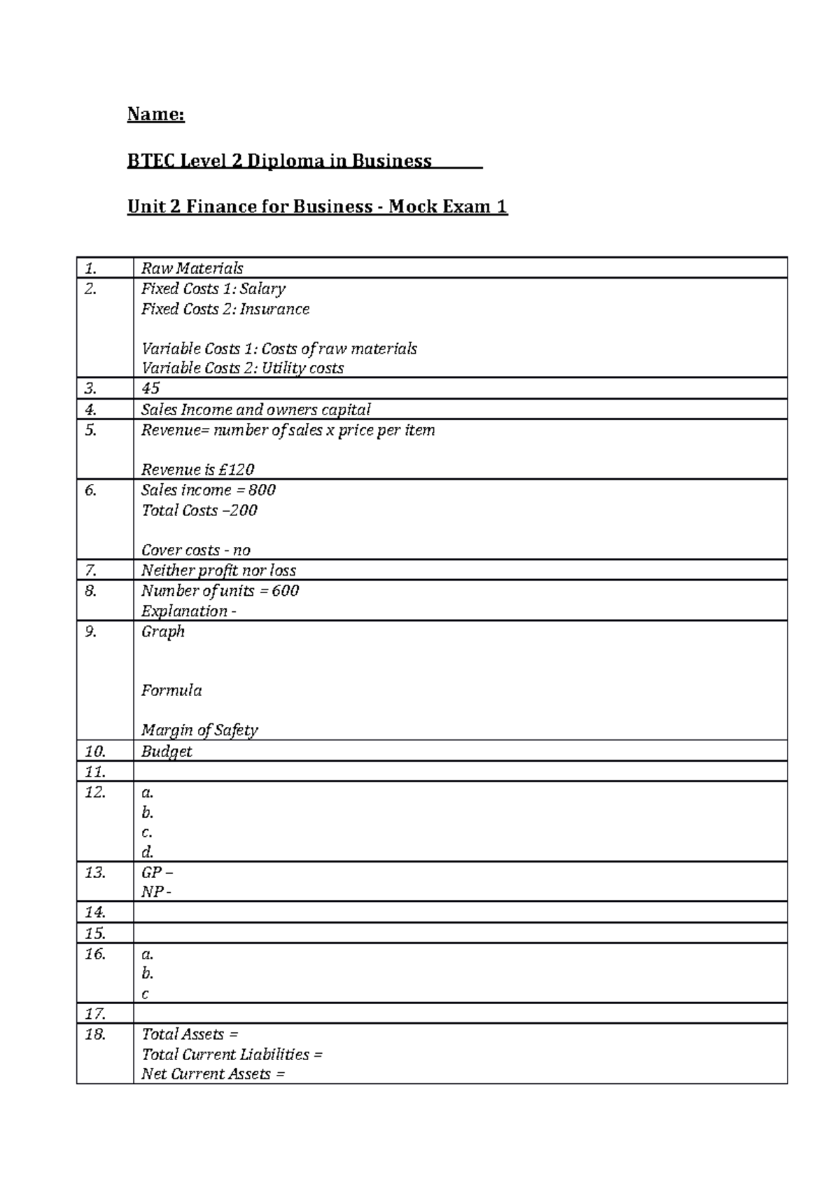 Answer sheet Mock Exam 2-1 - Name: BTEC Level 2 Diploma in Business ...