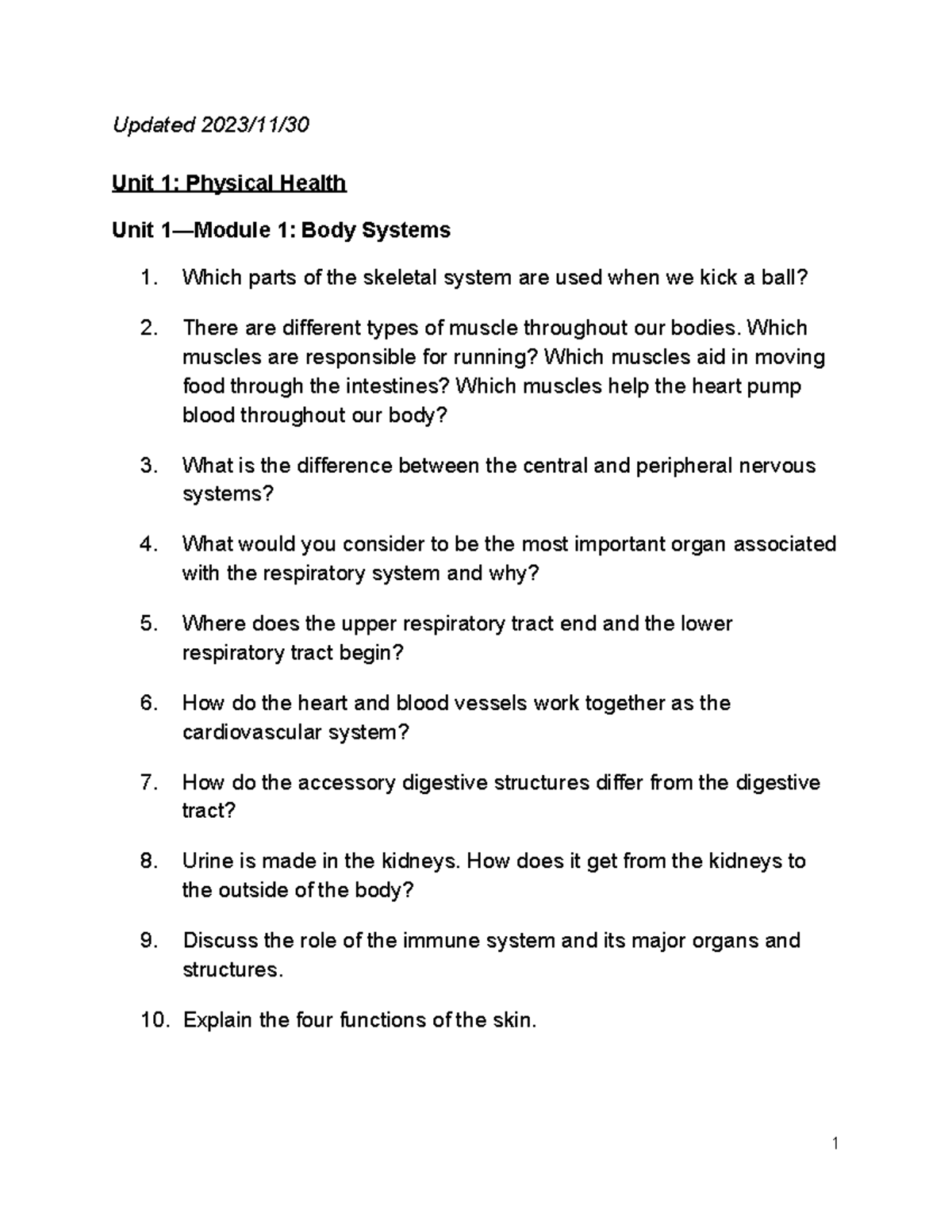 C458 study questions - Updated 2023/11/ Unit 1: Physical Health Unit 1—Module 1: Body Systems 1 ...