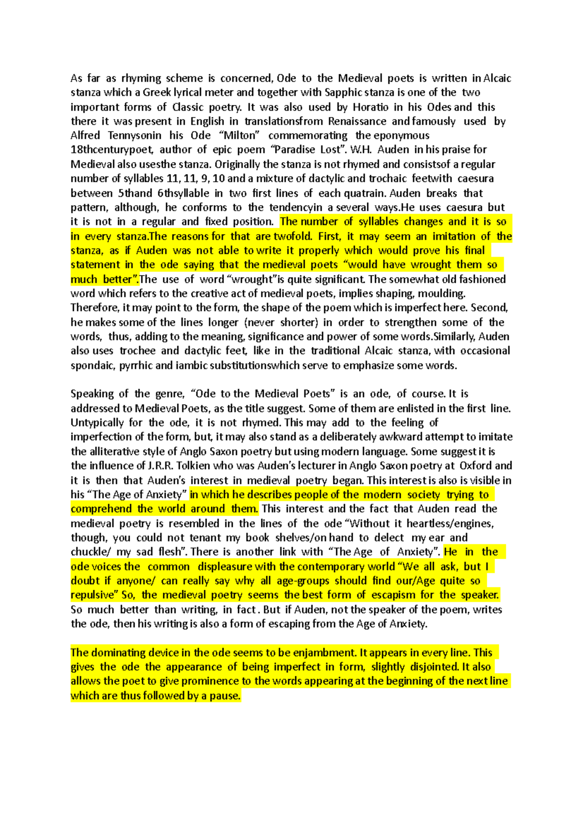 Auden notes - As far as rhyming scheme is concerned, Ode to the ...