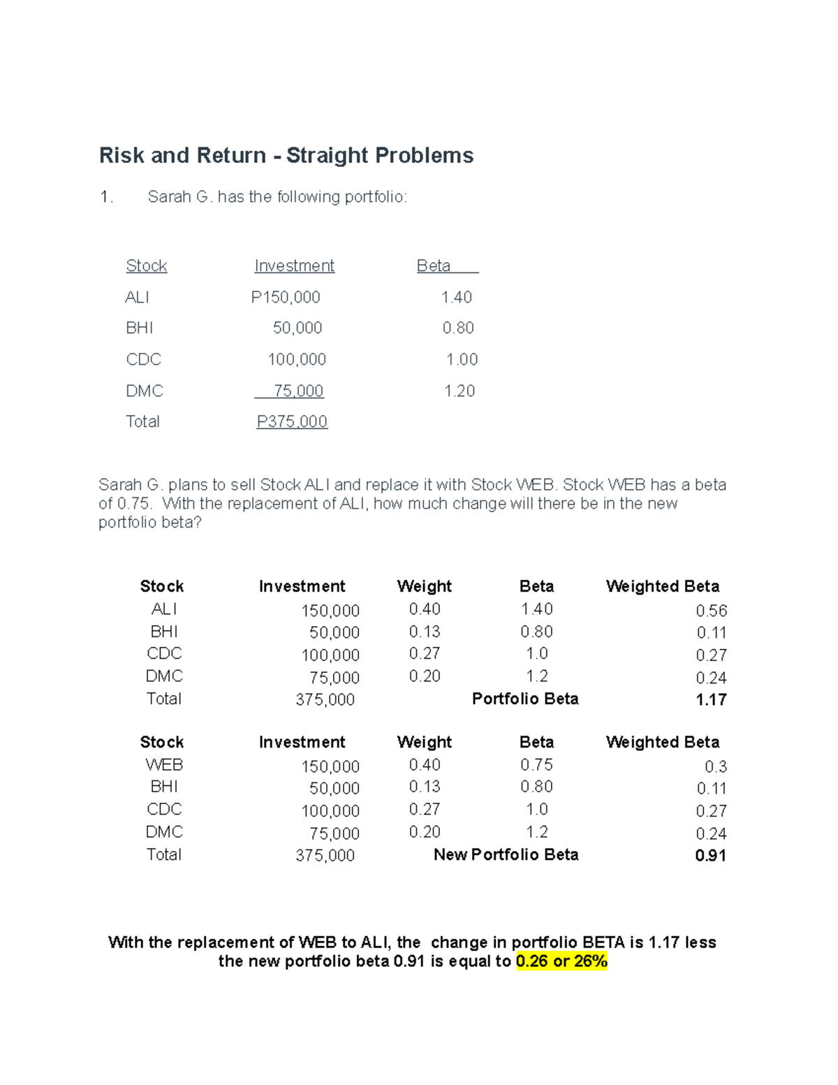 Financial Market - Risk and Return - Straight Problems Sarah G. has the ...