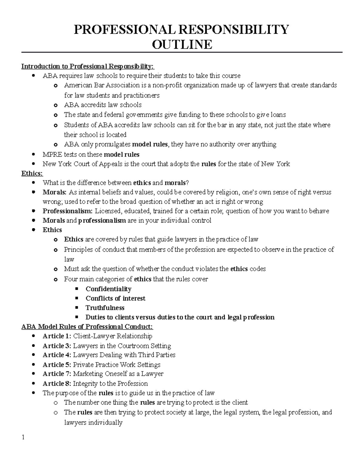 Ressler Professional Responsibility Outline - PROFESSIONAL ...