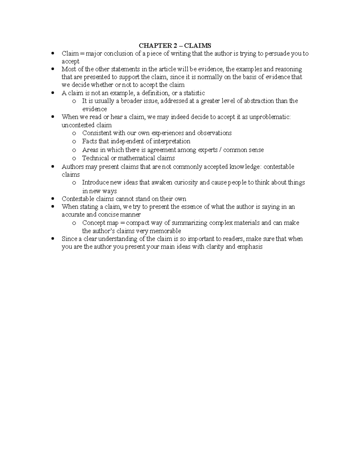 Chapter 2 - Claims - CHAPTER 2 – CLAIMS Claim = major conclusion of a ...