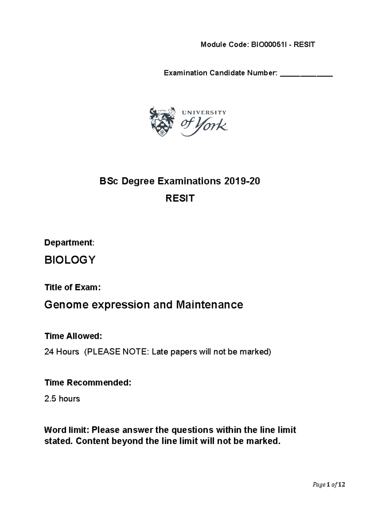 BIO000051 I Genome Expression Maintenance Resit Exam Paper 2019-20 Q ...