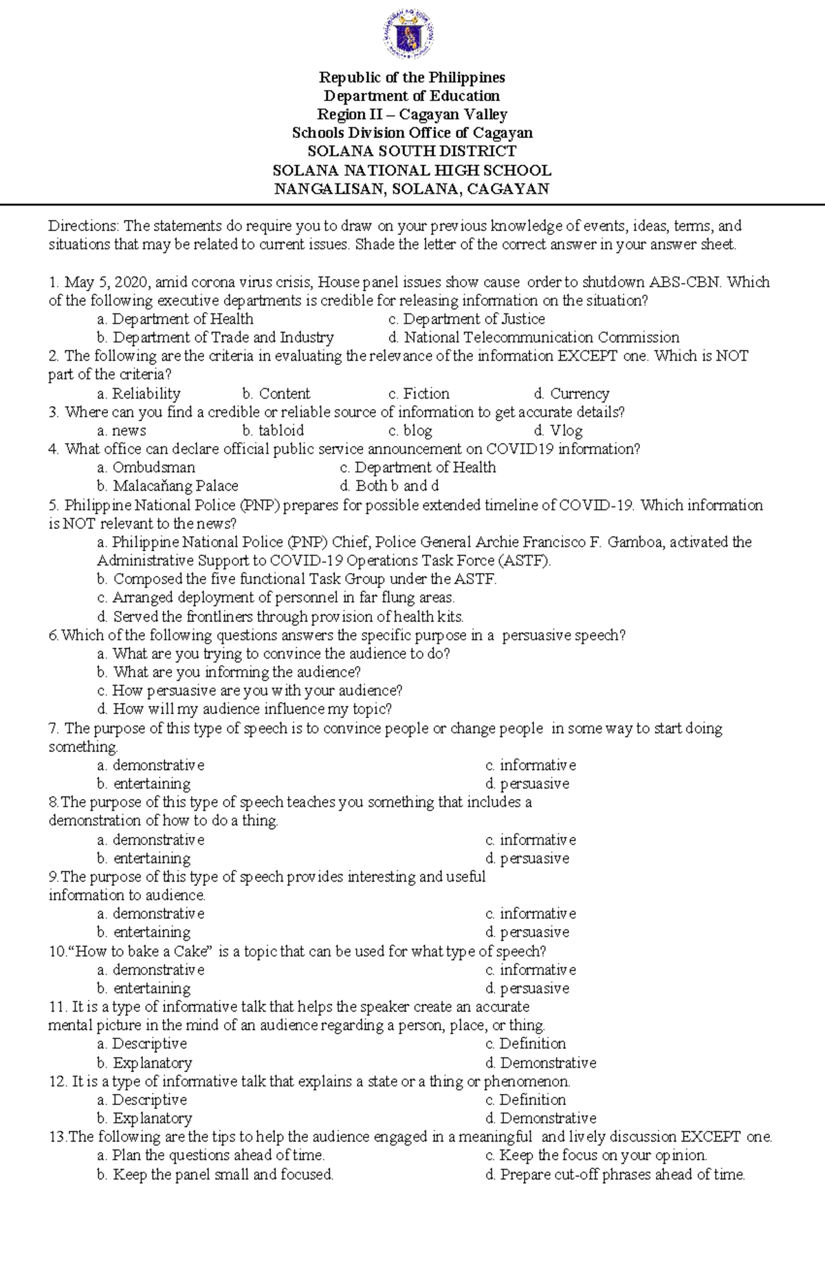 First quarter test - ewrwrewr - Republic of the Philippines Department ...