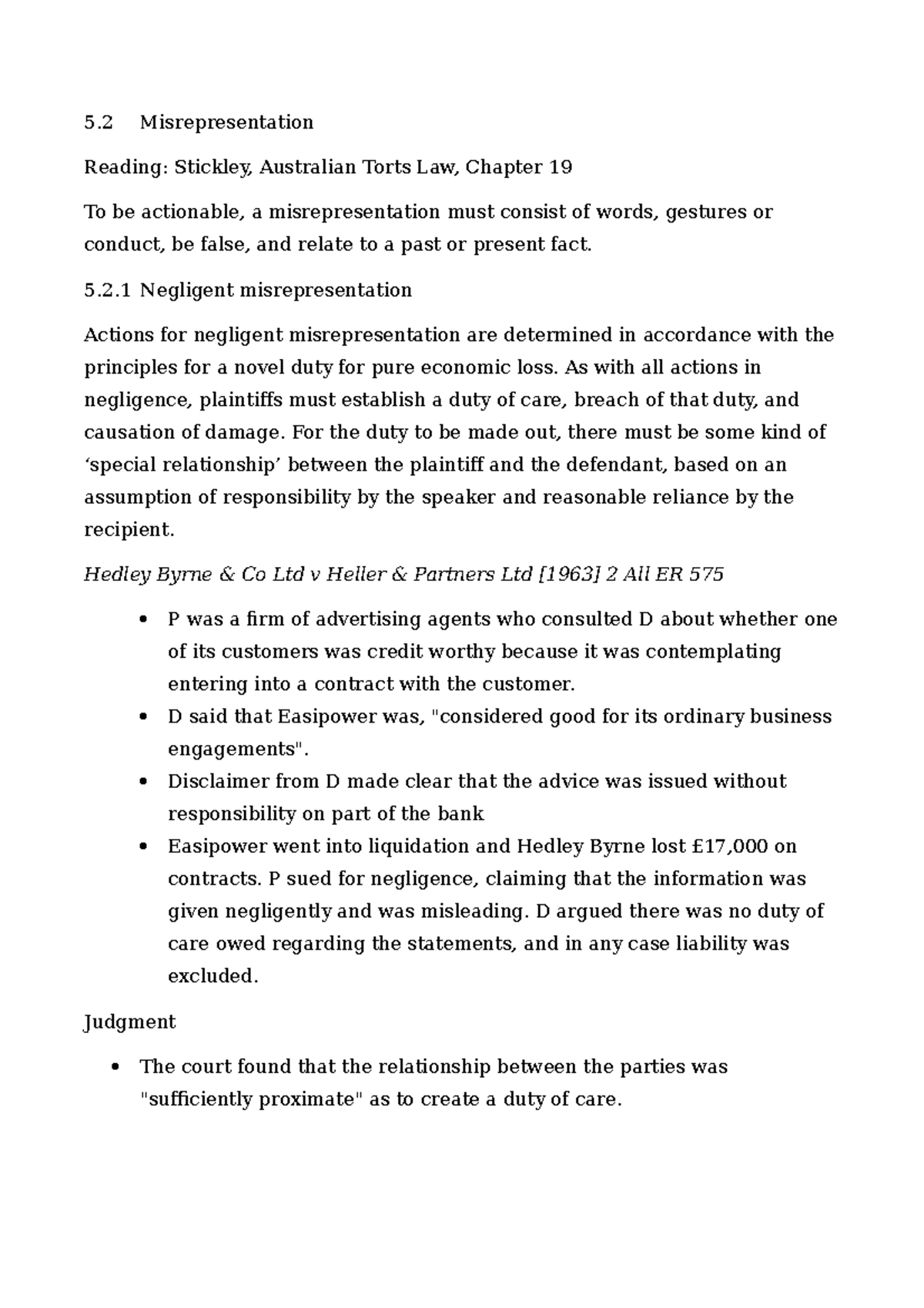 Misrepresentation Summary Australian Torts Law 5 Misrepresentation Reading Stickley