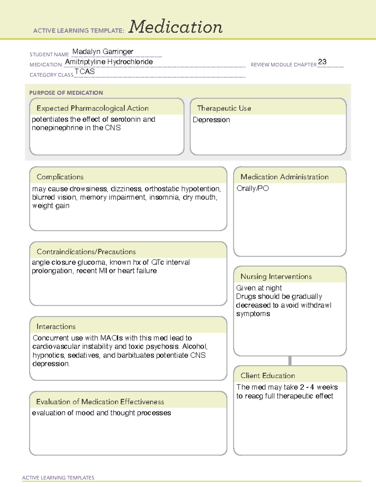 Medication Card (Pharm) TCA - ACTIVE LEARNING TEMPLATES Medication ...