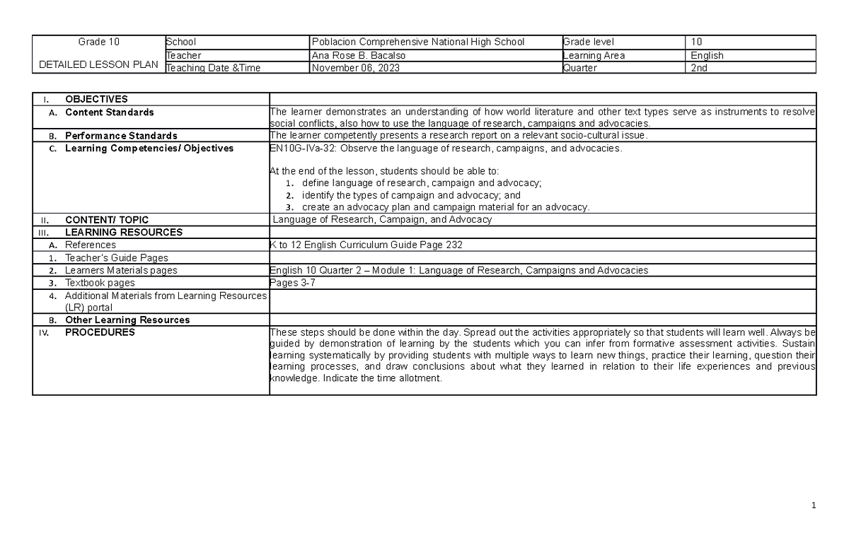 Q2-M1 DLP Language of Research, Campaign, and advocacy - Grade 10 ...