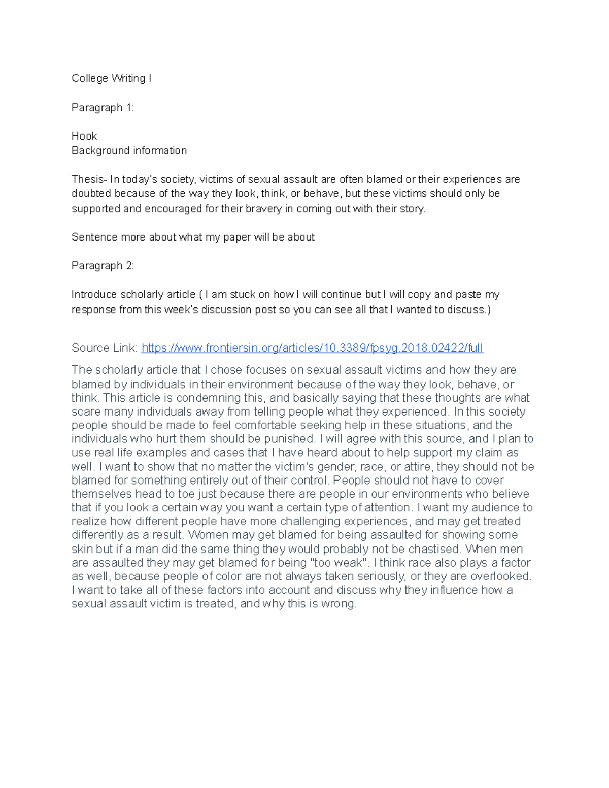 College Writing I #22 - College Writing I Paragraph 1: Hook Background ...