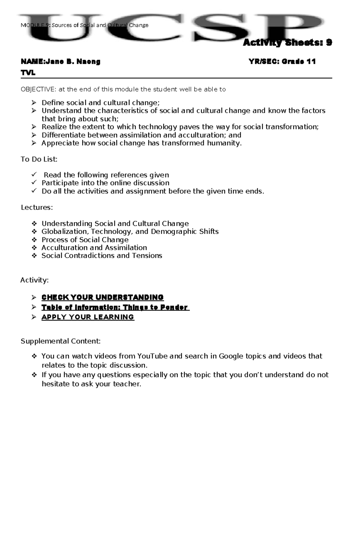 UCSP Module 9 Activity Sheets - MODULE 9: Sources of Social and Cultural Change Activity Sheets ...
