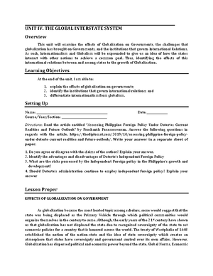 UNIT V Global Governance - UNIT V. GLOBAL GOVERNANCE Overview This unit ...