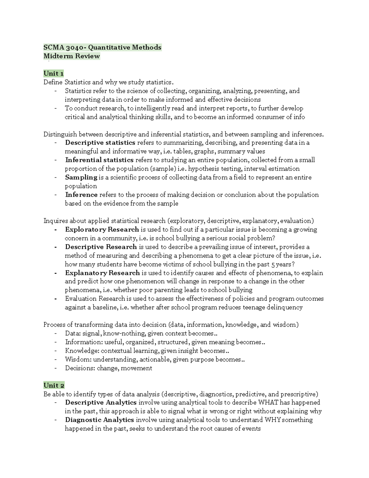 SCMA 3040- Midterm Review - SCMA 3040- Quantitative Methods Midterm Review Unit 1 Define ...