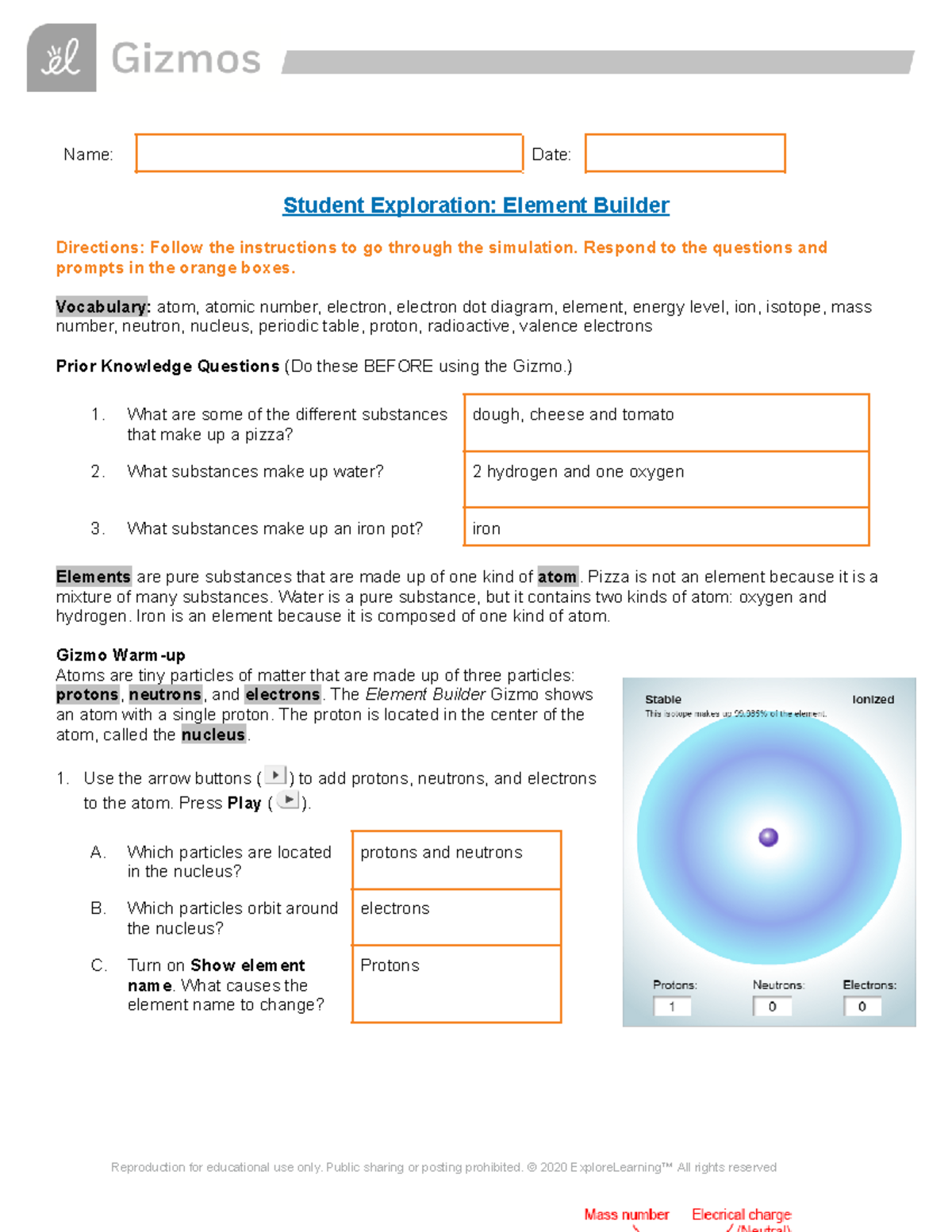 - Copy of Element Builder SE - Name: Date: Student Exploration: Element ...
