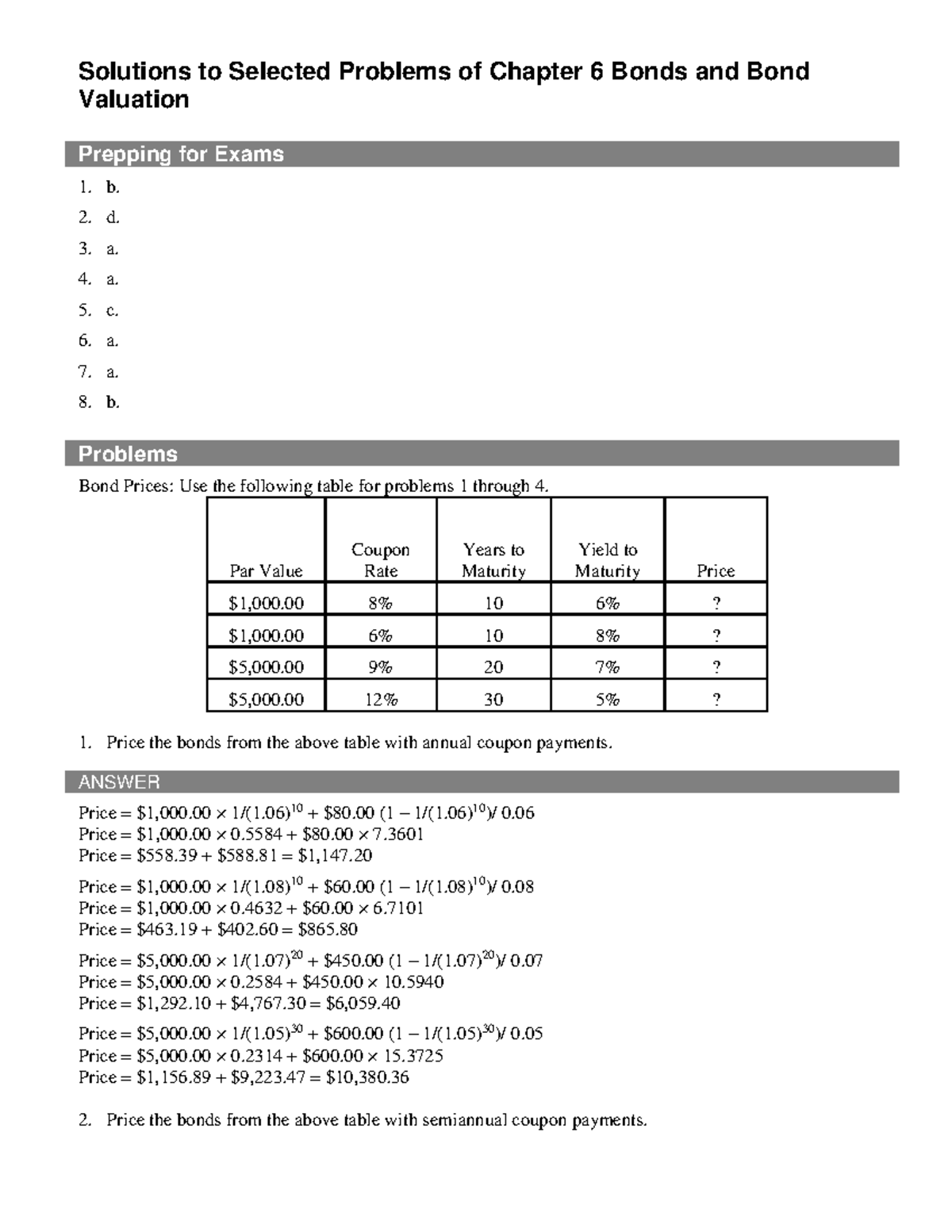 007869186 - End of chapter solutions - Solutions to Selected Problems of Chapter 6 Bonds and ...