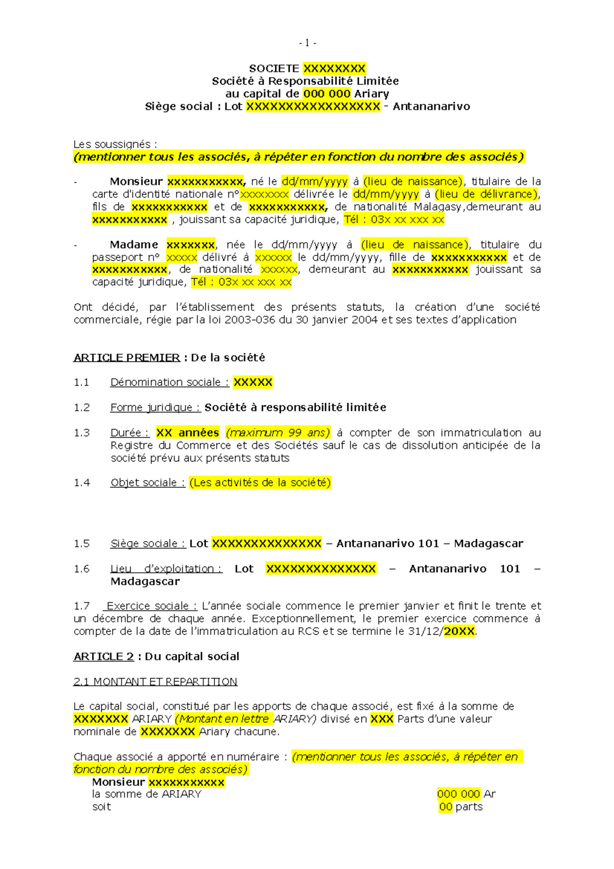 Statut SARL - It's about the - SOCIETE XXXXXXXX Société à ...