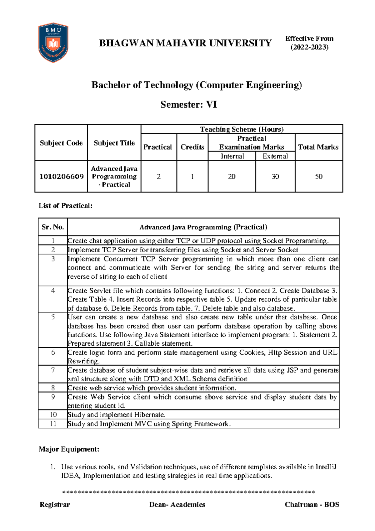 Syllabus Advanced Java Programming Practical Bhagwan Mahavir University Effective From 2022 2894
