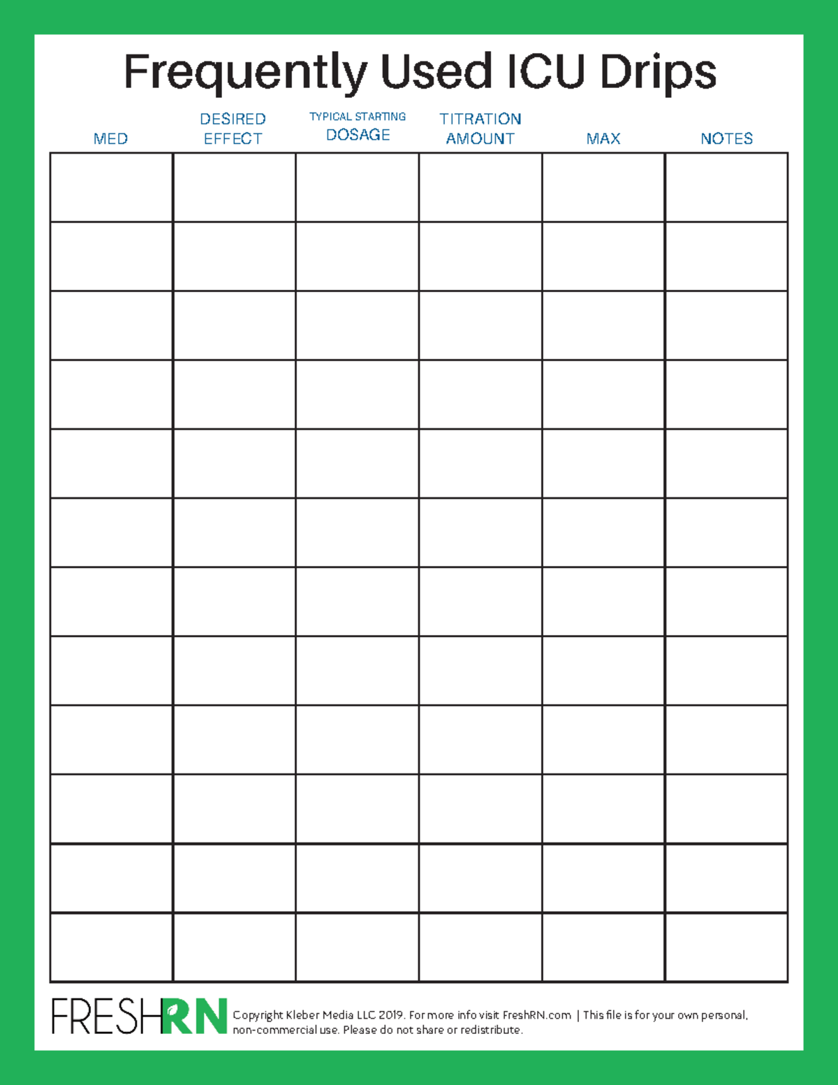 Blank ICU Drip Chart - NUR3215 - Copyright Kleber Media LLC 2019. For ...