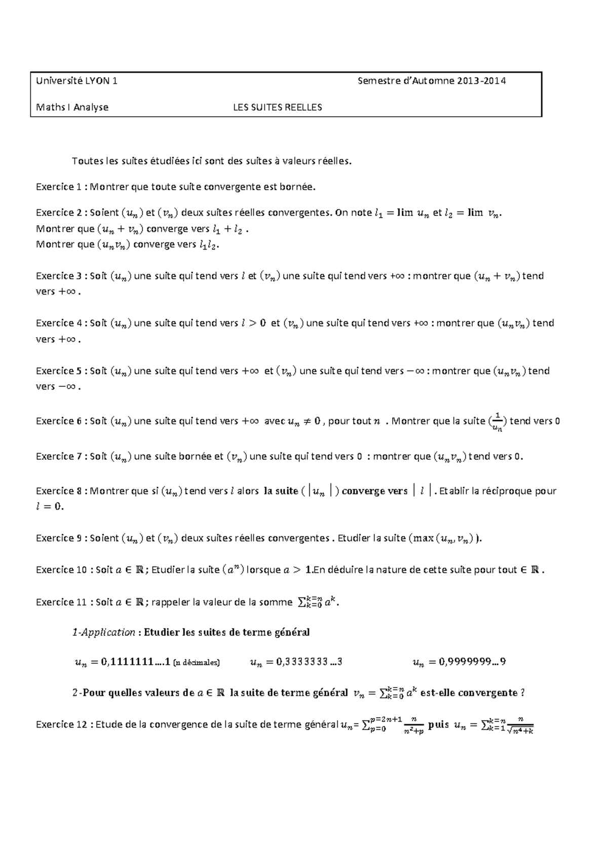 Suites prepa - Université LYON 1 Semestre d’Automne 2013- Maths I ...
