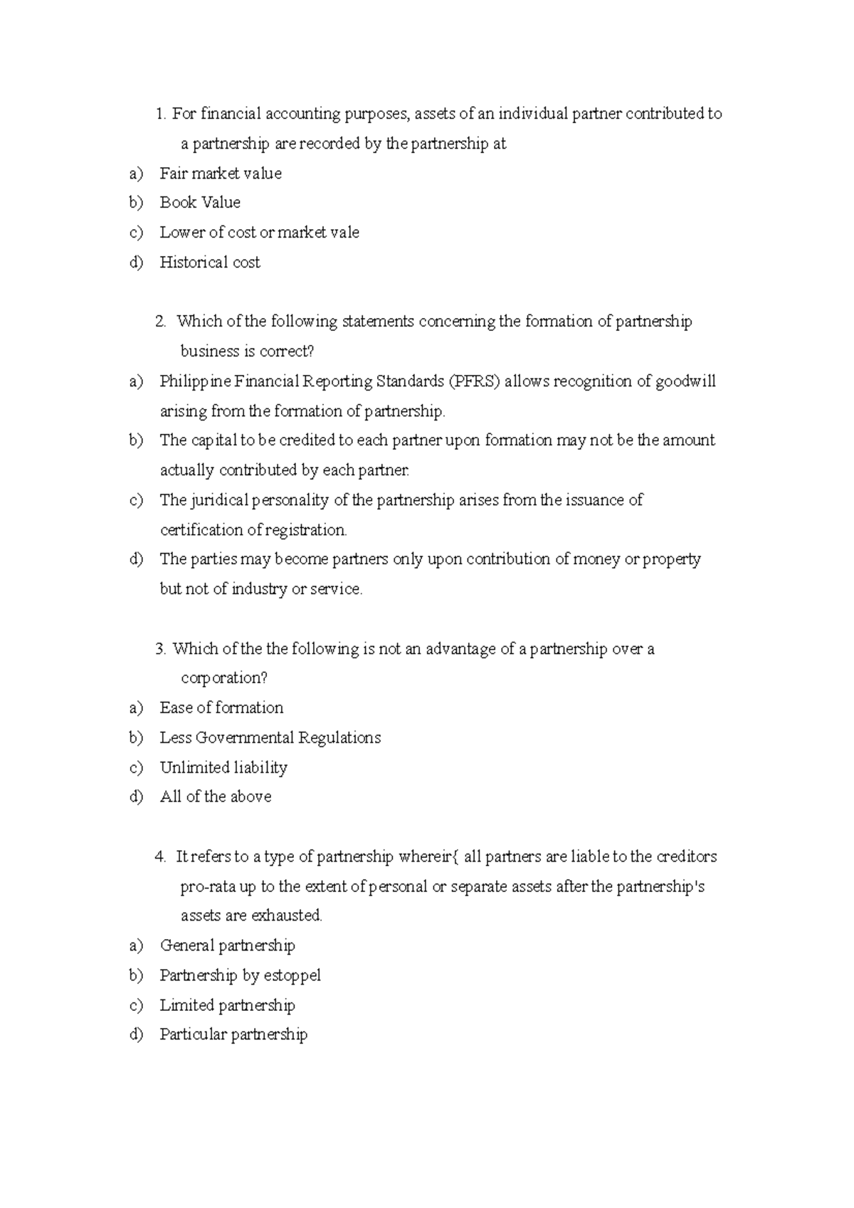 Partnership quiz - Quiz - For financial accounting purposes, assets of ...