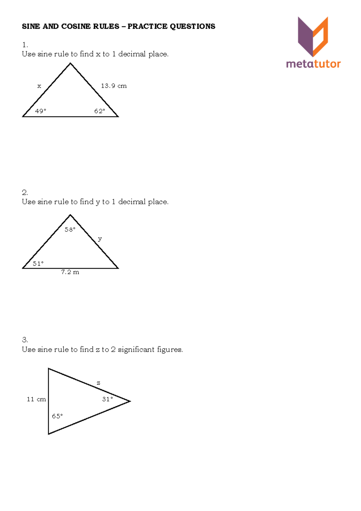 SINE AND Cosine Rules - SINE AND COSINE RULES – PRACTICE QUESTIONS 1 ...