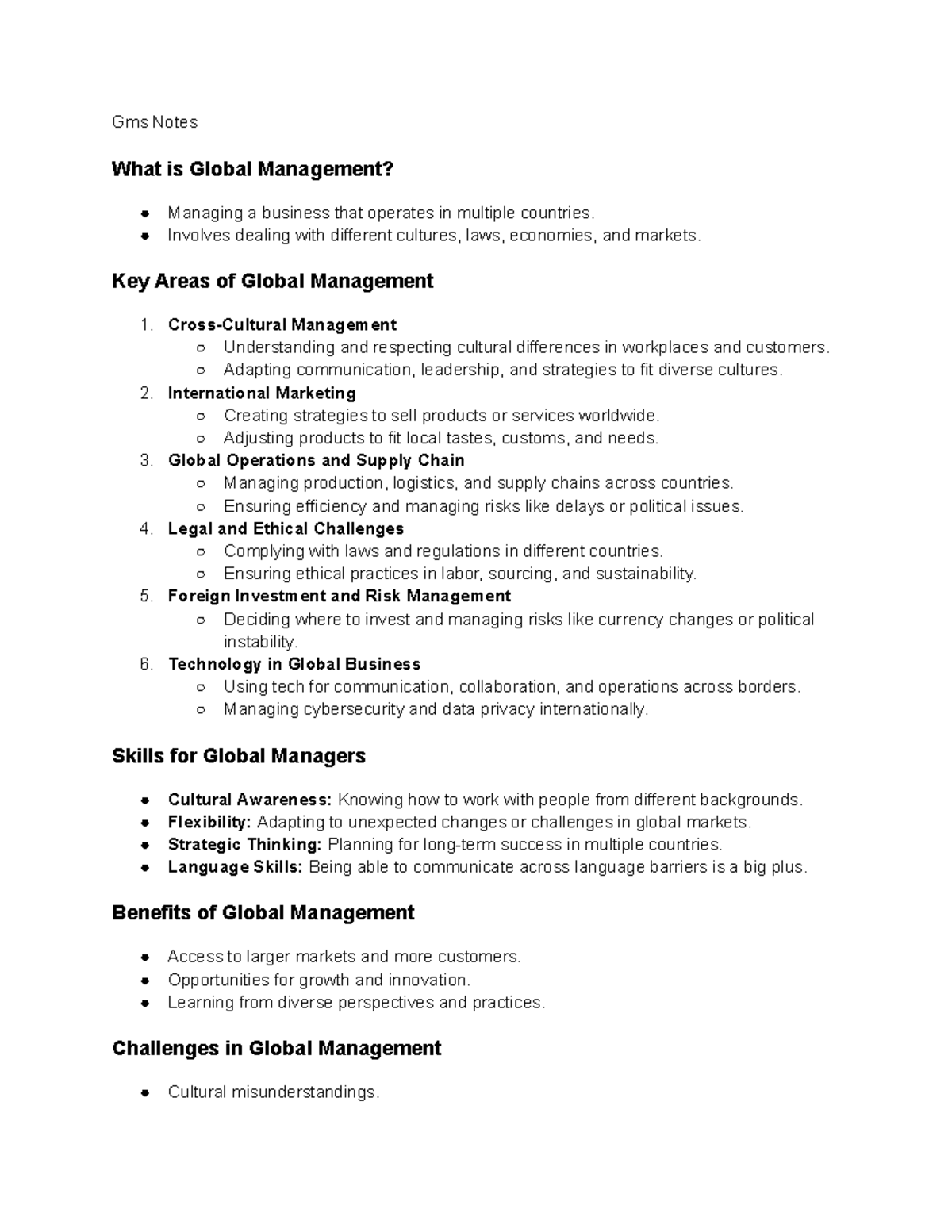 Gms Notes - hey - Gms Notes What is Global Management? Managing a ...