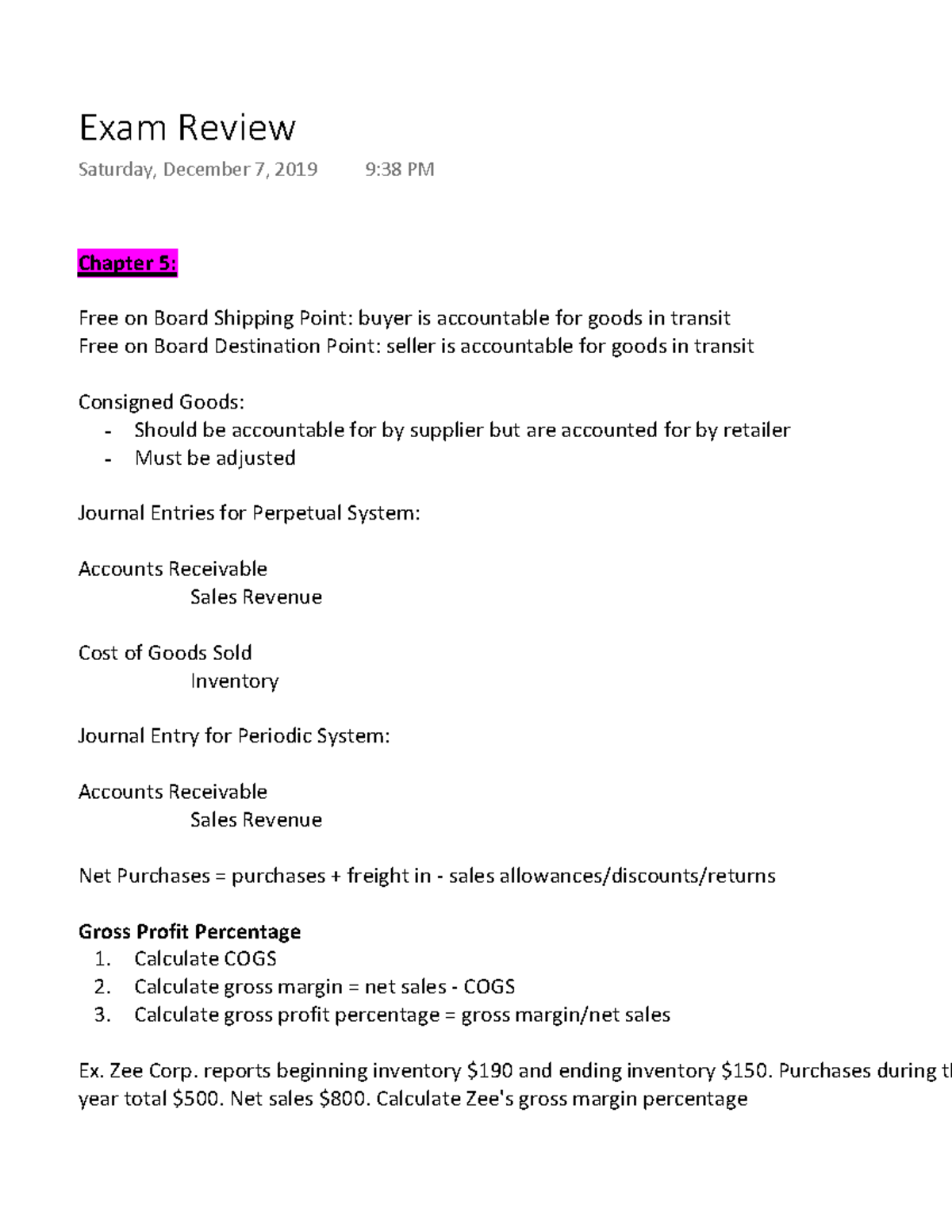 Exam Review - chapters 5 - 11 - Warning: TT: undefined function: 32 Chapter 5: Free on Board ...