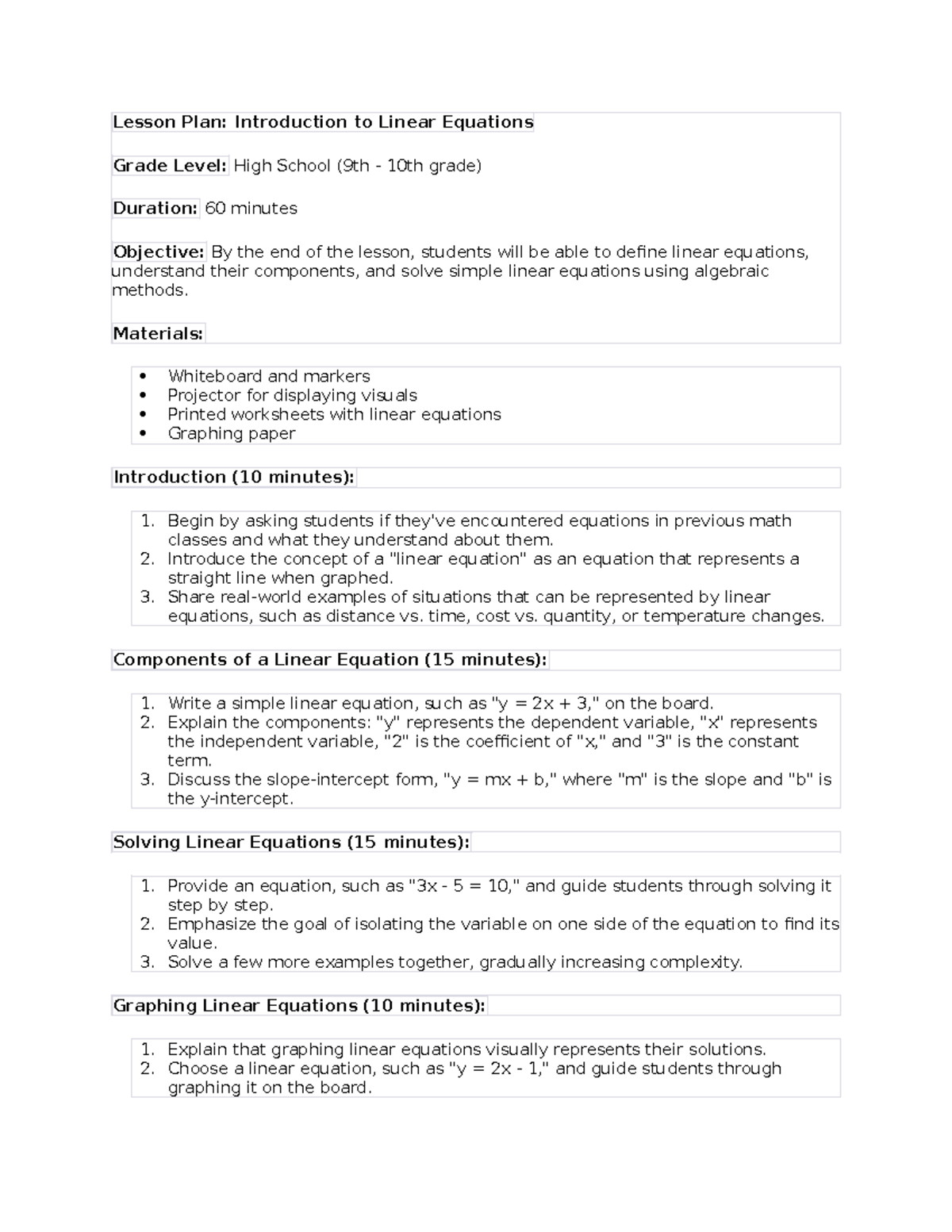 Document - I need notes - Lesson Plan: Introduction to Linear Equations ...